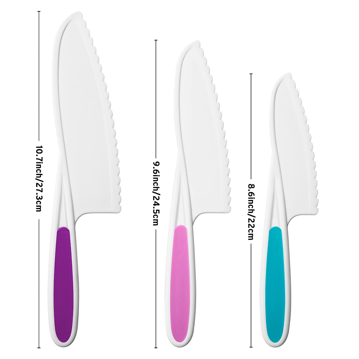 MOTYAWN Kids Knife Set of 3 - Firm Grip, Serrated Safe Edges– Colorful Nylon Toddler Cooking Knives to Cut Fruits, Salad, Cake, Lettuce (Purple/Powder/Blue)