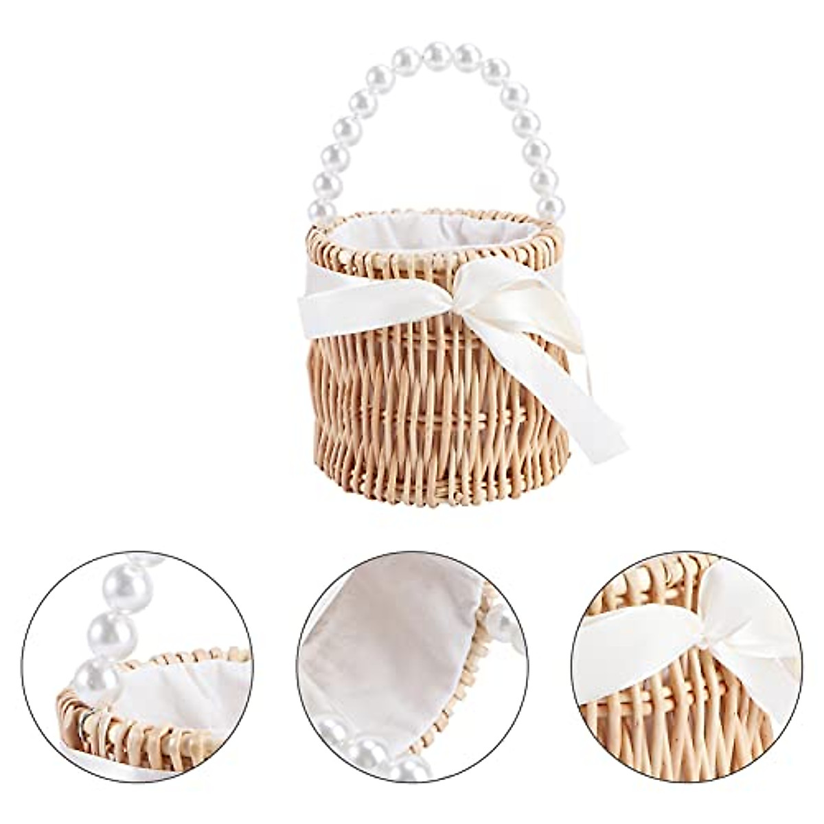 IMIKEYA Wicker Storage Basket Rattan Handbags Straw Flower Girl Basket Rustic Wedding Ring Bearer with Pearl Handle Summer Beach Tote Bag for Summer Photo Prop Wicker Hamper