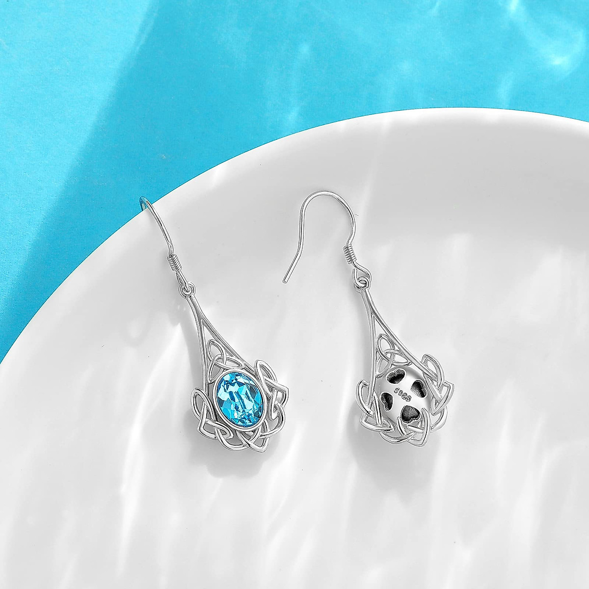VONALA Celtic Earrings 925 Sterling Silver Aquamarine Earrings March Birthstone Austrian Crystal Drop Earrings Irish Jewellery Gift for Women
