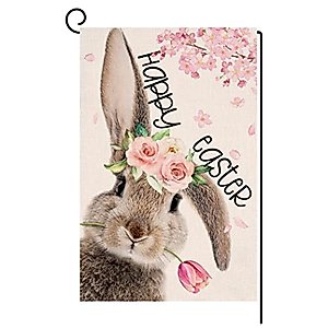 Easter Bunny Garden Flag 12x18 Vertical Double Sided Gray Rabbit Spring Floral Tulip Farmhouse Holiday Outside Decorations Burlap Yard Flag BW278