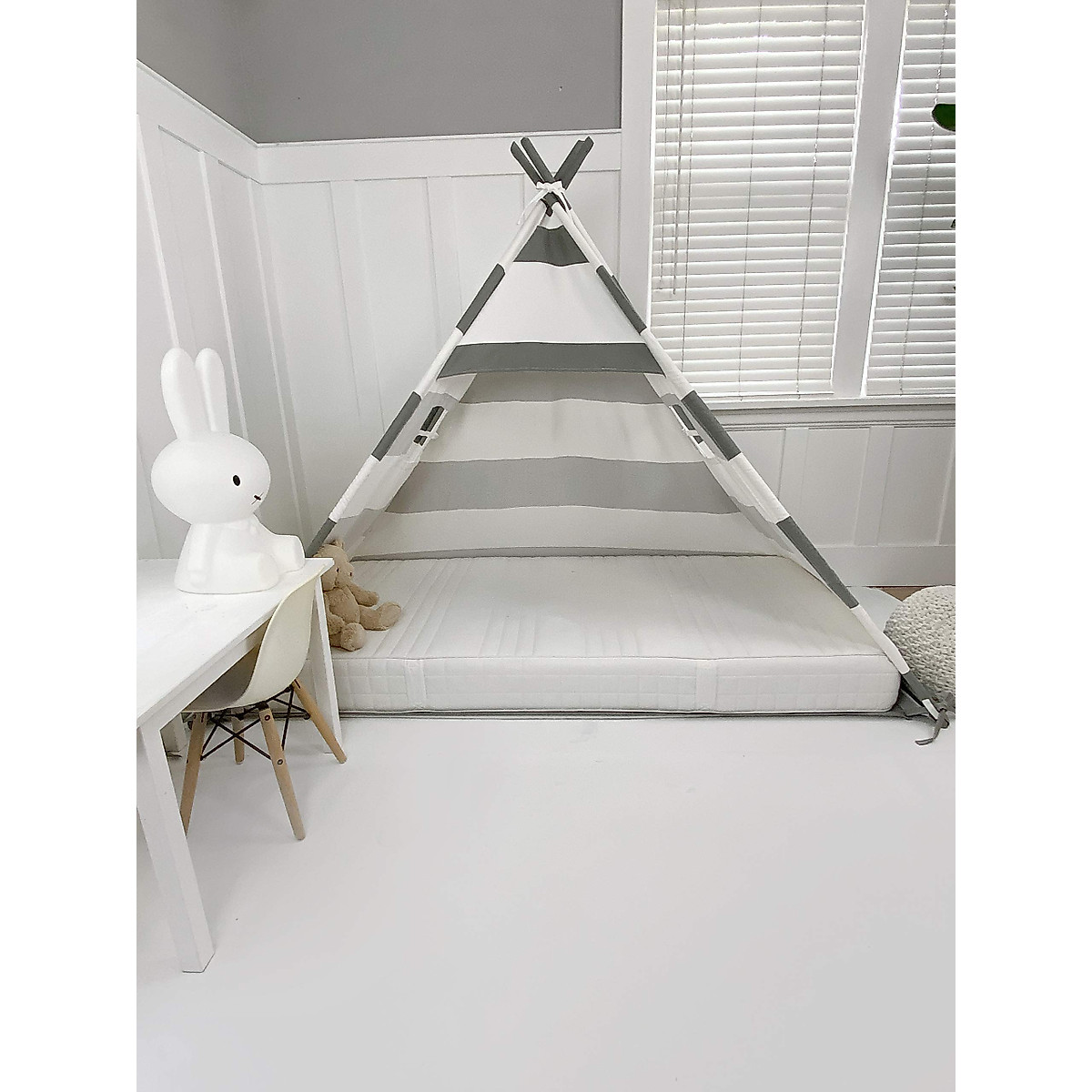 Domestic Objects | Play Tent Bed Canopy | Teepee for Mattress | 100% Cotton Canvas | Premium Quality (Twin/Single No Door) (Gray Stripes)