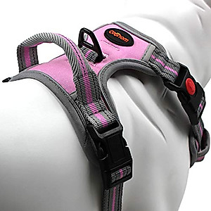 Coohom No Pull Dog Harness with Handle and Two Leash Attachments,Adjustable Outdoor Pet Harness with Reflective Oxford Material for Small Medium Large Dogs (L, Pink 3 Buckles)