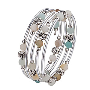 BULINLIN Wrap Bangle Rose Bead Bracelet - Beaded Bracelet with Natural Agate Stone Gifts For Women(01-Amazon Green)