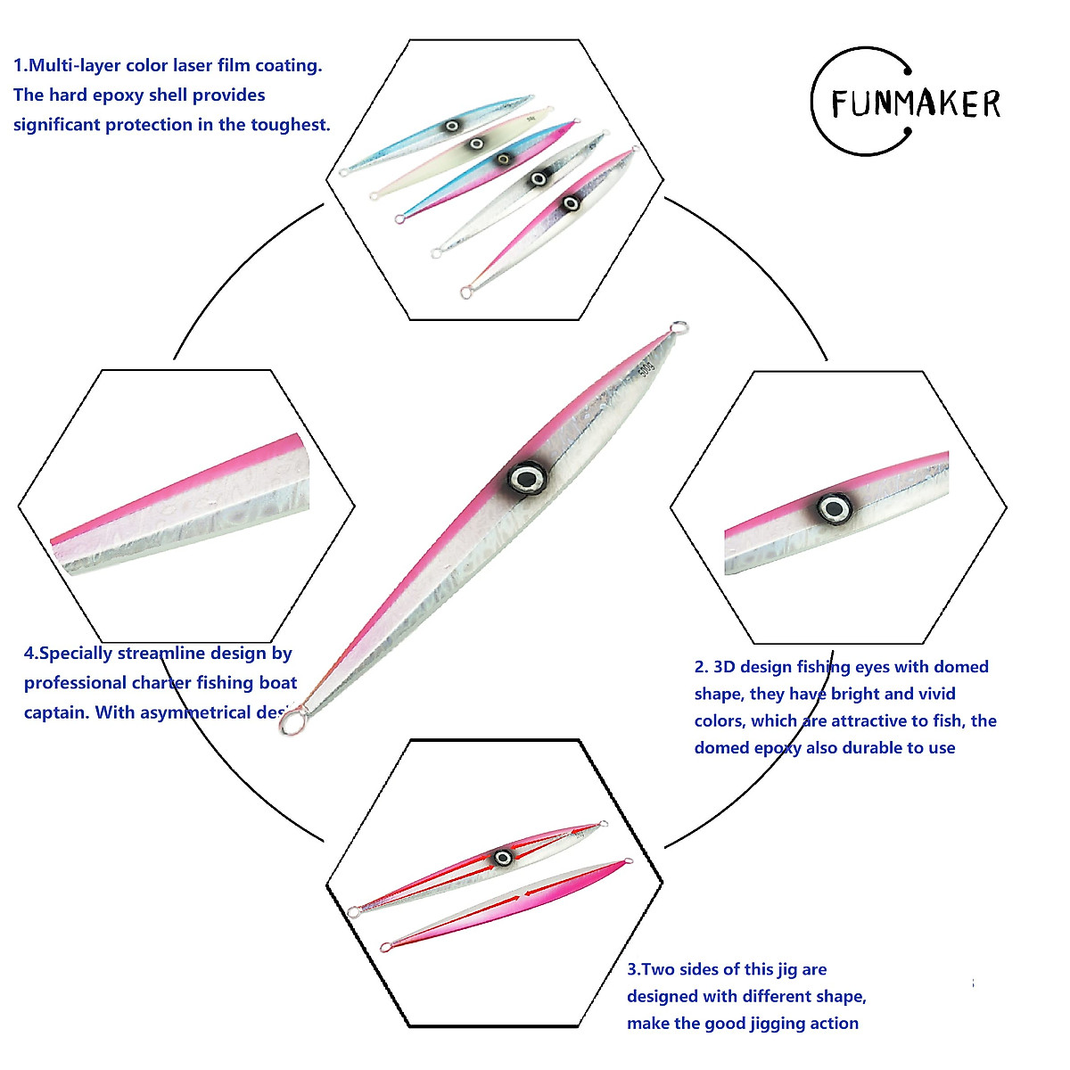 Funmaker 40g-620g Fishing Saltwater jigs Speed Jigging Slow Jigging Pitching Lures Vertical Jigging Artificial Lures Vertical Jigs Saltwater Artificial Bait (Laser pink,500g)