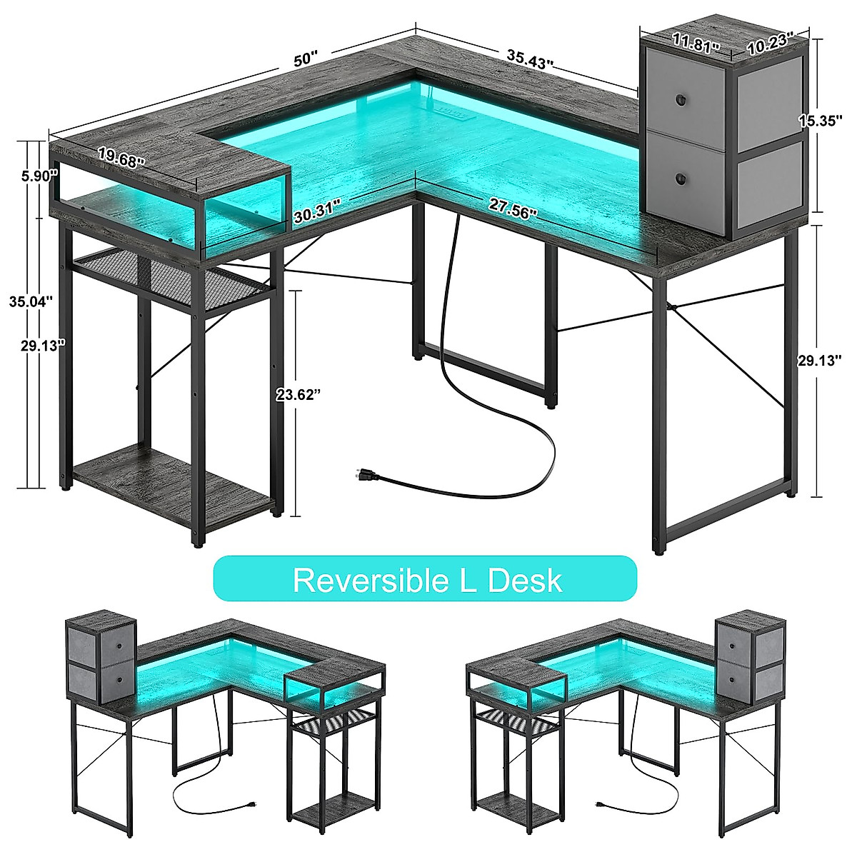 armocity L Shaped Desk with Drawers, Reversible Corner Computer Desk with LED Light & Power Outlet, 50'' L-Shaped Gaming Desk with Long Monitor Shelf, Home Office Desk for Small Corner Space, Grey