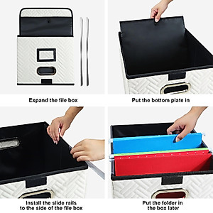 File Organizer Box - Collapsible File Storage Organizer Box with Lid and Plastic Slide, Portable Hanging Document Filing System Box for Home Office Cabinet Hand Embroidery File Folders box, White