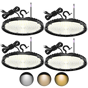 4 Pack LED High Bay Light 150W 120W 90W Adjustable, 3000K 4000K 5000K Adjustable UFO High Bay Shop Light 5' Cable with Plug, 0-10V Dimmable 100-277V LED Factory Warehouse Lights, UL&DLC Listed