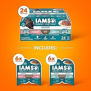 Iams Perfect Portions Indoor Adult Grain Free Wet Cat Food Pate Variety Pack, Salmon and Tuna Recipes, 2.6 oz. Easy Peel Twin-Pack Trays (12 Count, 24 Servings)