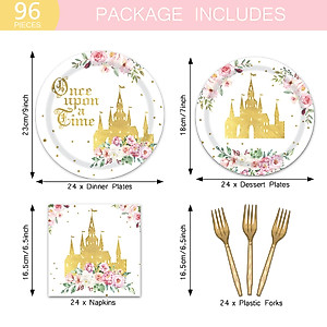 Girl Fairytale Princess Birthday Tableware Party Supplies Serves 24 Guests Once Upon a Time Pink Floral Gold Castle Plates Napkins Forks for Girls Birthday Party Decoration Supplies