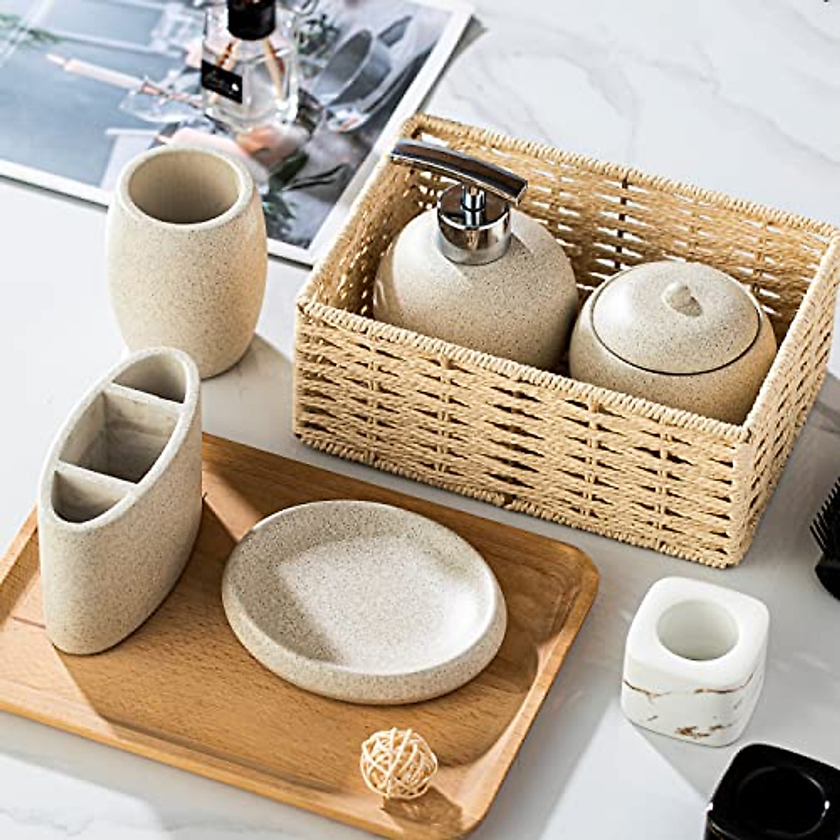 Artchirly 5 Piece Bath Accessory Set for Vanity Countertops,White Sandstone Color,Made of Cement Luxury Ensemble Dish,Lotion Dispenser,Soap Dish,Tooth Mug,Toothbrush Holder and Storage Can (5)