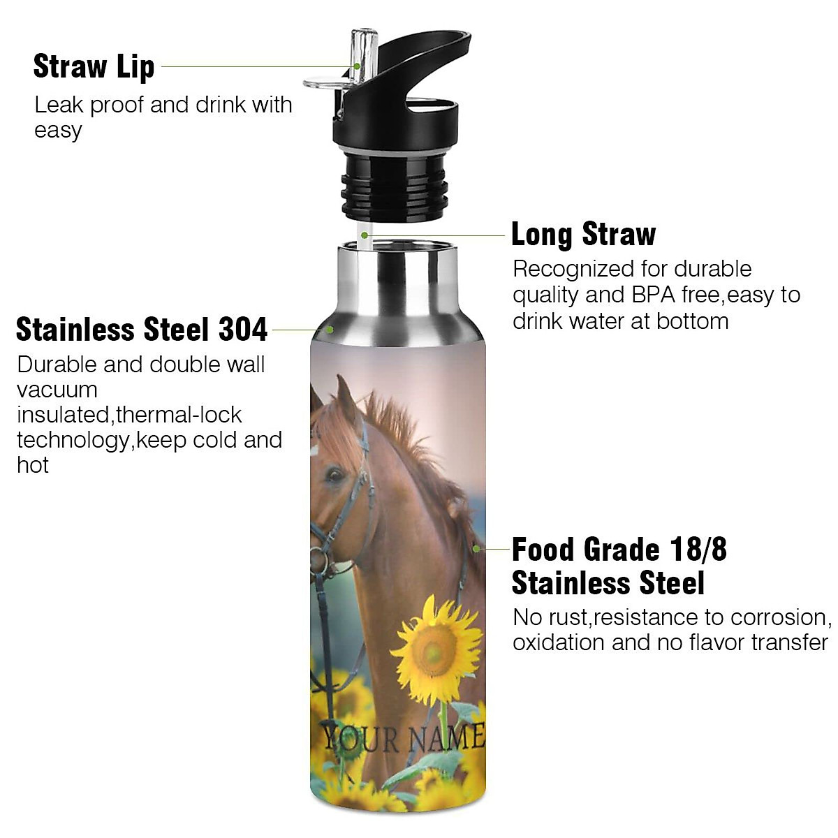 ALAZA Custom Sunflower Horse Water Bottle with Name for Kids Girls with Straw Personalized Insulated Stainless Steel Water Flask Thermos for School Sport 20 Ounce