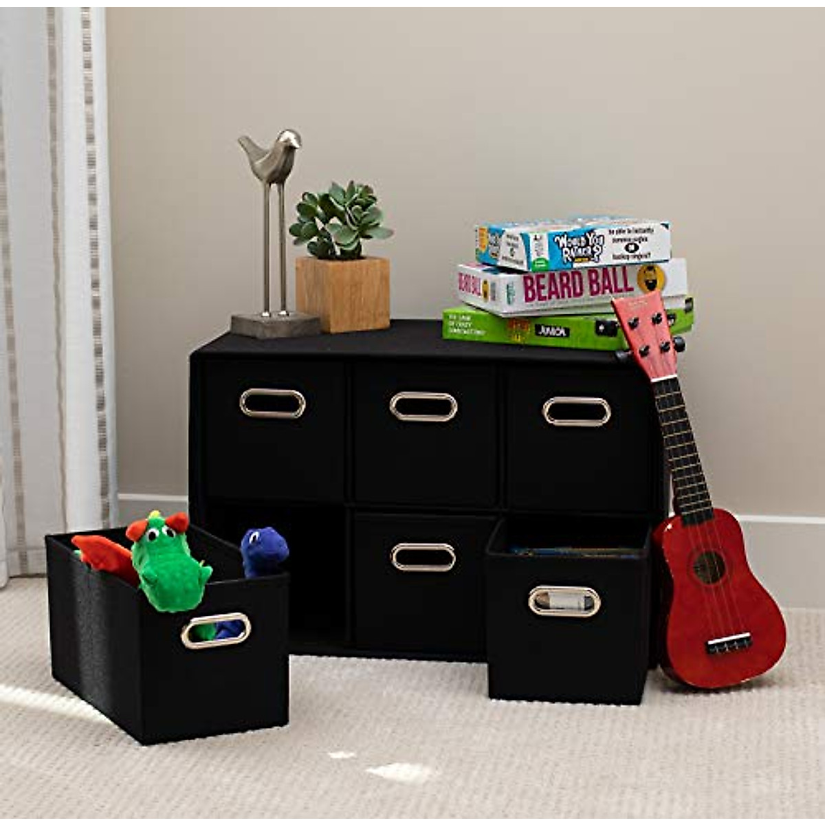 BIRDROCK HOME Black Linen Cube Organizer Shelf with 6 Storage Bins – Strong Durable Foldable Shelf – Kid Toy Clothes Towels Cubby – Collapsible Bedroom Fabric Shelves and Cubes