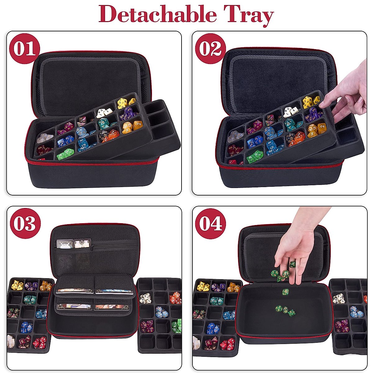 SIQUK Dice Storage Case Big Capacity DND Dice Case Dice Organizer Box With Handle and Double Removable Slotted Tray Dice Organizer Case for Dungeons & Dragons and Other RPG Table Game， Red