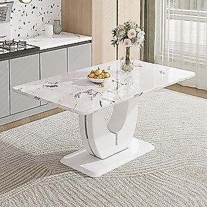 63" Marble Dining Table, Luxurious Dining Room Table with 1.57" Faux Marble Top and U-Shape MDF Pedestal Base, Modern Rectangular Kitchen Dining Table for Living Room Dining Room
