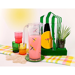 Kate Spade New York Nesting Pitcher Set with Water Pitcher and 4 Reusable Cups, 57oz Plastic Pitcher with Lid, 8oz Tumbler Cups, Dragonfly Flight