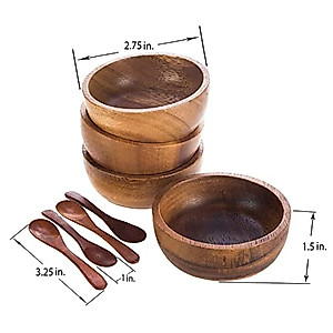 MINIATURE DOLL SIZE Tiny 2¾" Dia Acacia Calabash Wood Bowl for Condiments, Dip Sauce, Nuts, Ketchup, Jam, Herb, Prep, Olive, Salsa, Round Wooden Brown Bowl 2.75"x1.5" H Set of 4 (FREE 4 Wood Spoons)