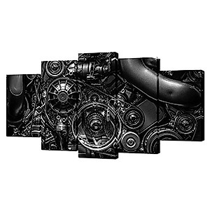 VVOVV Wall Decor - 5 Piece Canvas Prints Engine Engineering Closeup Gear And Chain Black And White Photos Wall Art Modern Home Decor Stretched and Framed Ready to Hang(60inchx32inch)