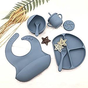 K-Universal Baby Feeding Bibs | 8pc Silicone Bibs for Babies | Bib Bowl Plate Cup Fork Spoon | Adjustable Divided Plate | Easily Wipe Clean | Less Cleaning Time After Toddler & Babies (Bubbly blue)