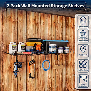 2 Pack Garage Wall Shelf, Wall Mounted Storage Shelves, Heavy Duty Metal Shelves for Room Wall, Loads 130 LBS Floating Shelves Mesh Storage Rack for Garage, Office, Basement,Wall Cabinet and Kitchen