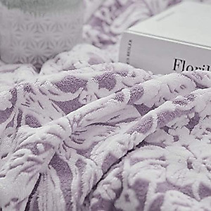 FY FIBER HOUSE Flannel Fleece Throw Blanket Super Soft Lightweight Microfiber with Flower Print for Couch, 50"X60", Lavender
