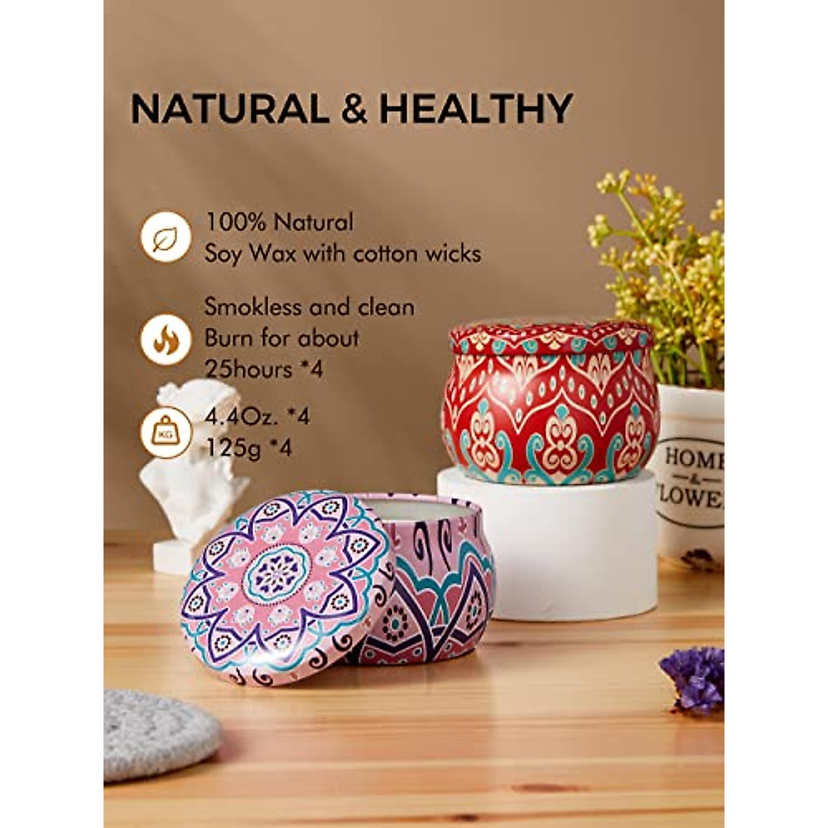 olorvela Scented Candles for Home Scented Candles Gifts for Women, 4pcs Soy Candles in Beautiful Travel Tins 100hrs Burn Time Gifted Packaged Aromatherapy Candle