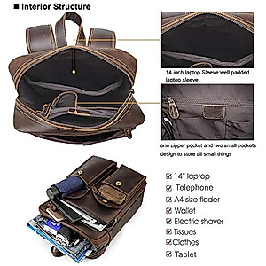 Small Mens Full Grain Leather Backpack for Men Purse Vintage 14 Inch Laptop Bag Business Work Hiking Daypack Brown Rucksack