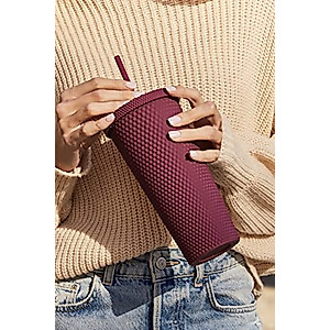 Matte Studded Tumbler with Lid & Straw, Reusable BPA Free Plastic Water Bottle, Travel Friendly Water/Iced Coffee/Cold Brew/Smoothie Textured Cold Cup, 24oz (Forest Green)