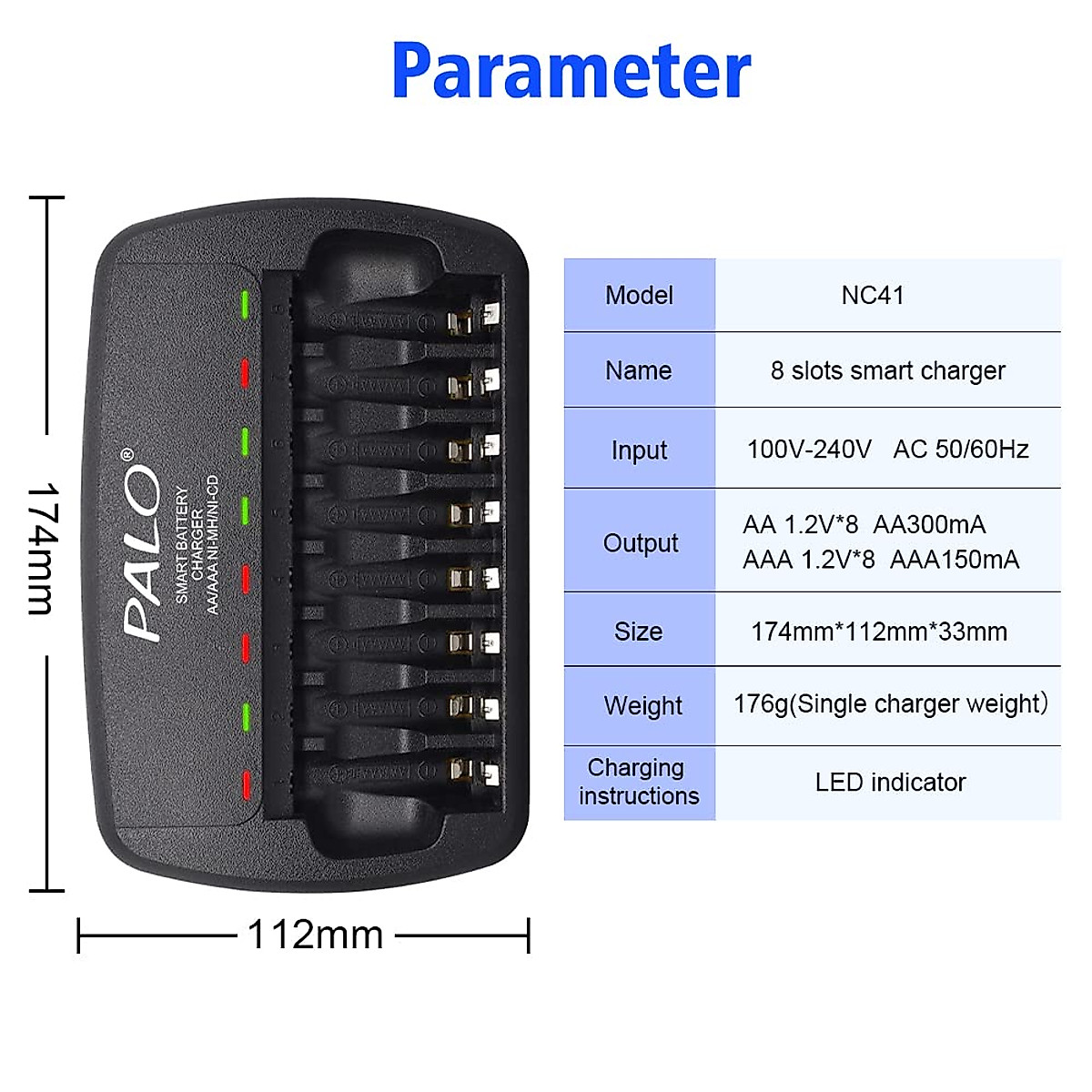8 Bay AA AAA Battery Charger Independent Slot for 1.2V Double A and Triple A Ni-MH Rechargeable Batteries