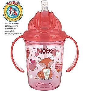 Nuby No Spill Flip N Sip 2 Handle Tritan 360 Weighted Straw Glitter Print - 8oz/ 240 Ml/ 12 M+, Colors Vary: Blue Space, Red Dinosaur, Pink Fox, Green Swan