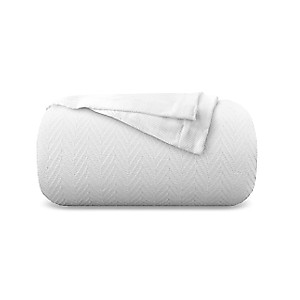 Carressa Linen Pure Cotton, Luxury Queen Size Soft White Blanket Herringbone Pattern, Lightweight, Soft & Cozy Premium Fall Throw Blanket for All Seasons, 350GSM & 90X92 with Free Cotton Pouch