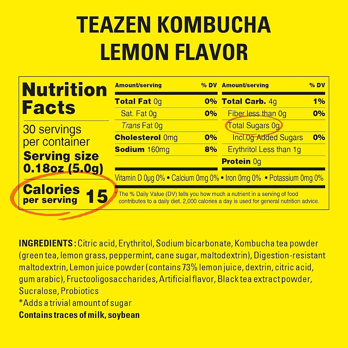 TEAZEN Lemon Kombucha Tea, Live Probiotics & Postbiotics, Relaxation and Warmth for Colds and Sore Throat, Zero Sugar, Low Caffeine, Fermented Kombucha Powder from Korea, 30 Sticks, 5.29oz