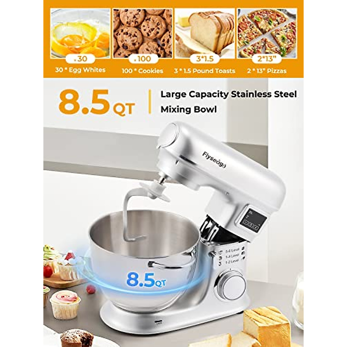 Flyseago Stand Mixer 8-IN-1 8.5 Qt Multifunctional Electric Kitchen Mixer 6 Speed Tilt-Head with Stainless Steel Bowl, 1.5L Glass Jar, Meat Grinder, Dough Hook, Whisk, Pasta Attachment