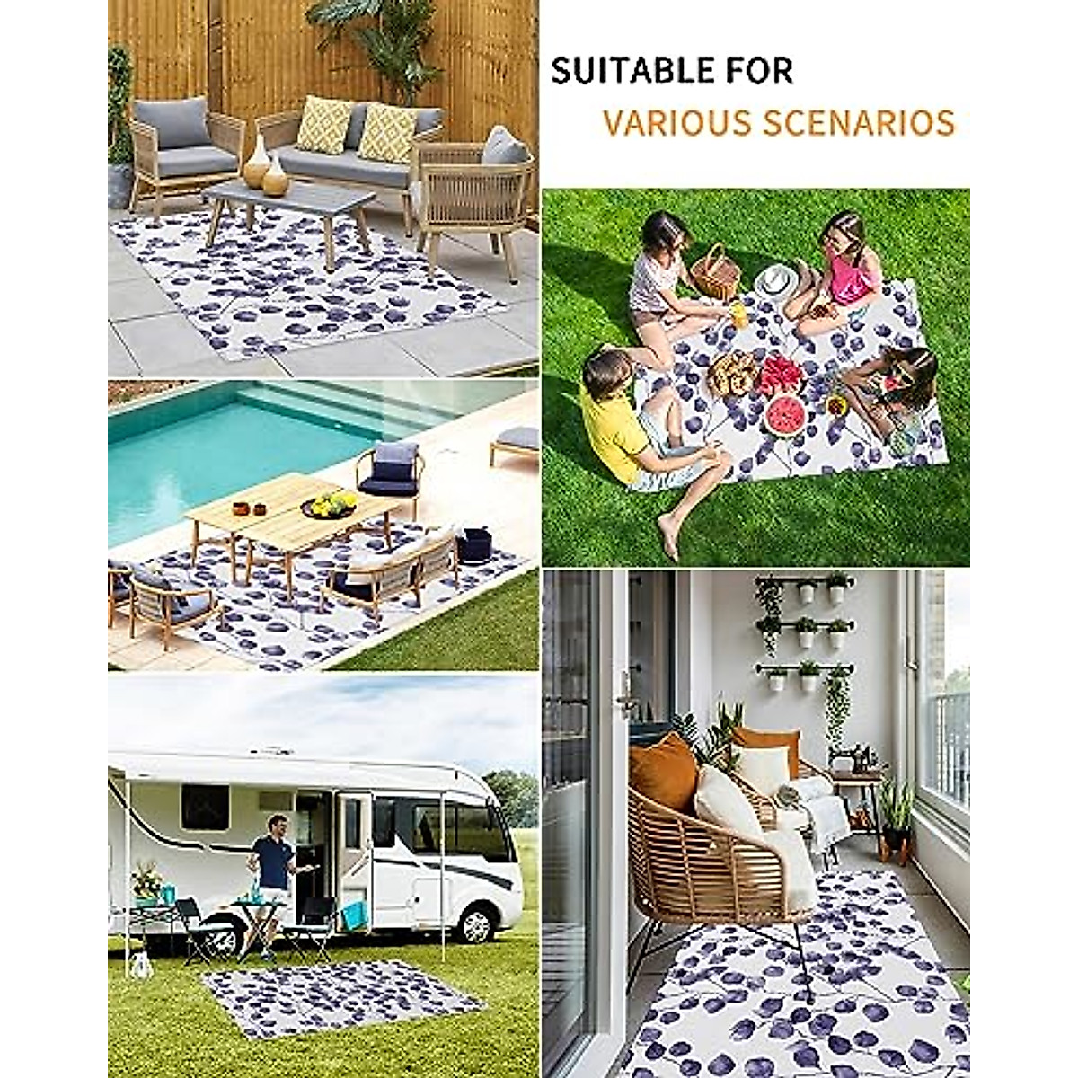 Outdoor Rug for Patio Purple Watercolor Plants Leaves 4'x6' Mat Carpet,Reversible Camping Aera Rugs,Rv,Porch,Deck,Camper,Balcony,Backyard