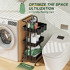 3-Tier Rolling Mobile Utility Cart with Hanging Cups & Hooks & Handle Multifunctional Organizer Storage Trolley Service Cart with Wheels Easy Assembly for Office, Bathroom, Kitchen (Black)