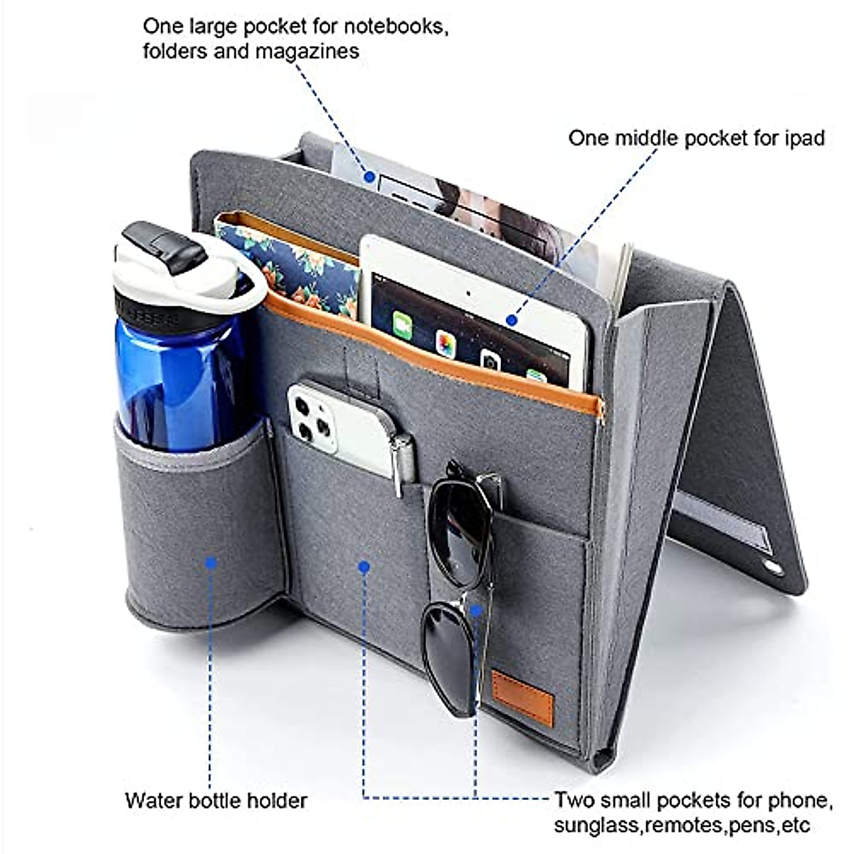 Bedside Caddy Hanging Bed Organizer Storage Bag Pocket for Bunk and Hospital Beds, College Dorm Rooms Baby Bed Rails,Camp (Gray)