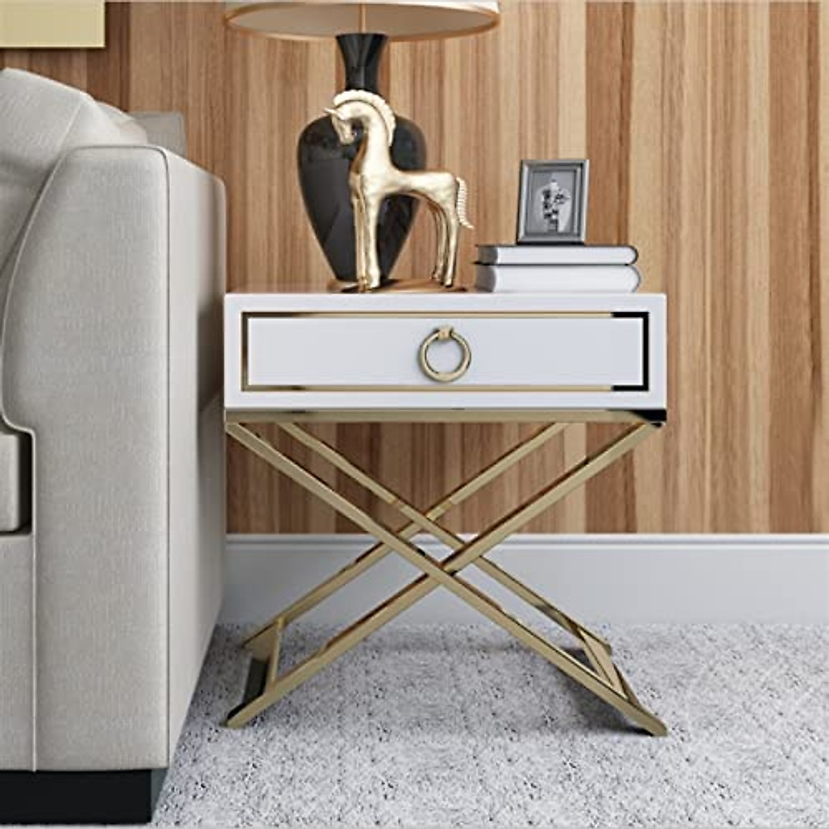 HIGOH Bedside Table Living Room Luxury Bedside Table Bedroom Metal Nightstand Small Storage Locker with Drawer Side Cabinet Home Furniture