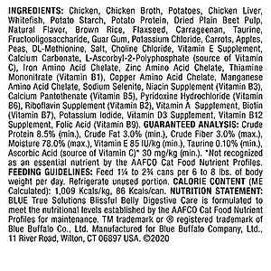 Blue Buffalo True Solutions Blissful Belly Natural Digestive Care Adult Wet Cat Food, Chicken 3-oz cans (Pack of 24)
