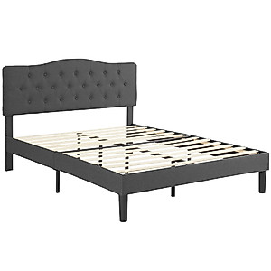 VECELO Full Size Upholstered Platform Bed Classic Diamond Stitched Cloth Panel Headboard/Mattress Foundation/Easy Assembly/Strong Slat Support,Dark Grey