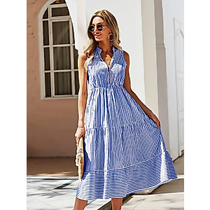 Floerns Women's Striped Print Notched Neck Sleeveless Ruffle A Line Midi Dress Blue and White XL