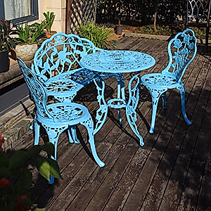 KAI LI 4-Piece Balcony Tables and Chairs, 1 Table, 2 Round Chairs and 1 Bench, Metal cast Aluminum, Bistro Suit, Garden Bench, Rose Pattern Light Blue