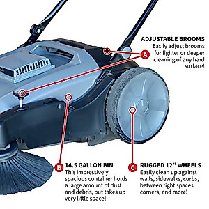 Tomahawk Industrial 38" Walk Behind Push Sweeper with Triple Power Side Brooms Floor Cleaning of Dust Litter Grass
