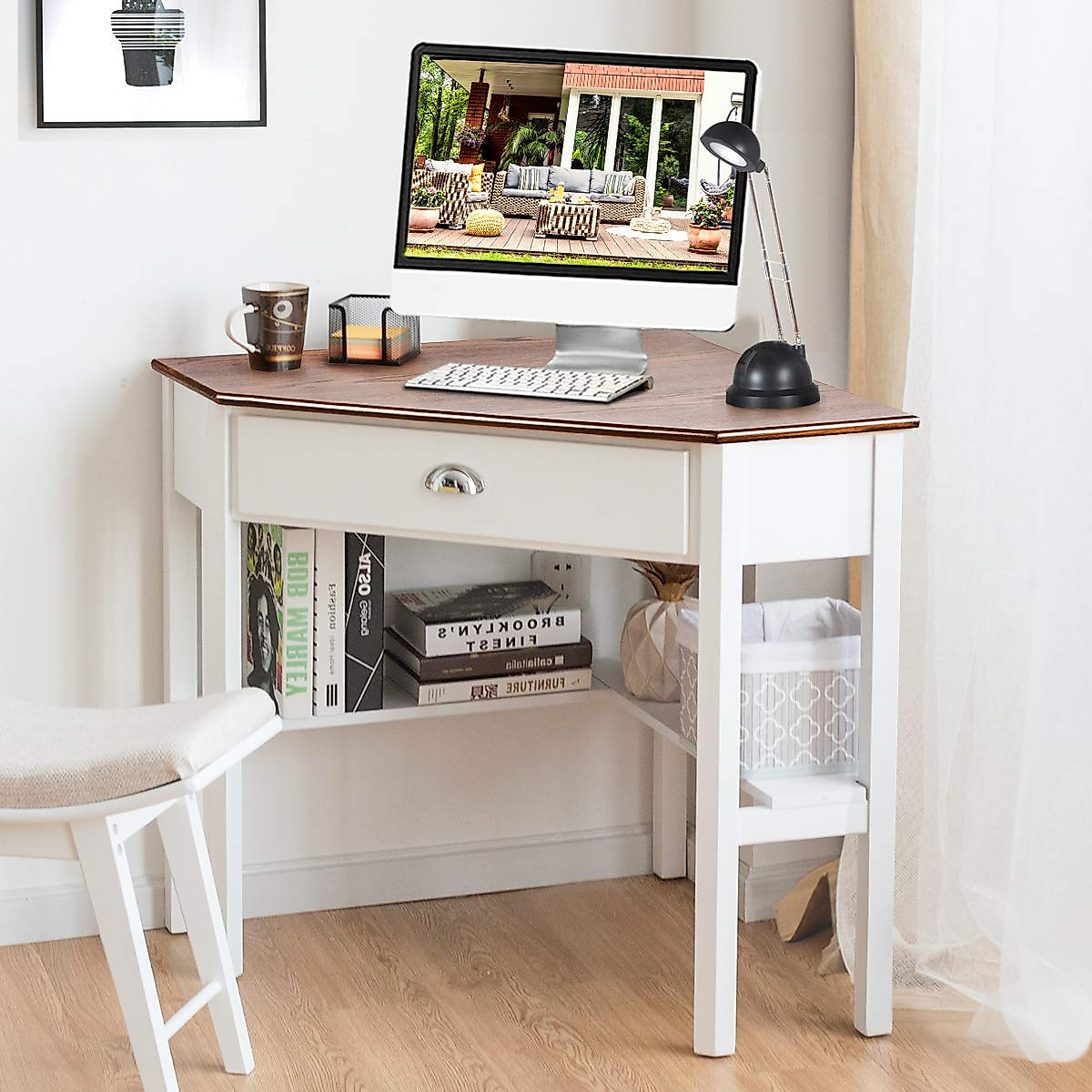 Tangkula Corner Desk, Corner Computer Desk with Drawer for Small Space, Small Corner Makeup Vanity Desk, 90 Degrees Triangle Corner Desk with Storage Shelves (Natural & White)