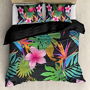 gearider Hawaiian Plant Pattern Black Bedding Set of 3, Ultra Soft Tropical Plumeria Floral Leaves Duvet Cover Set with Zipper Closure - Size Queen