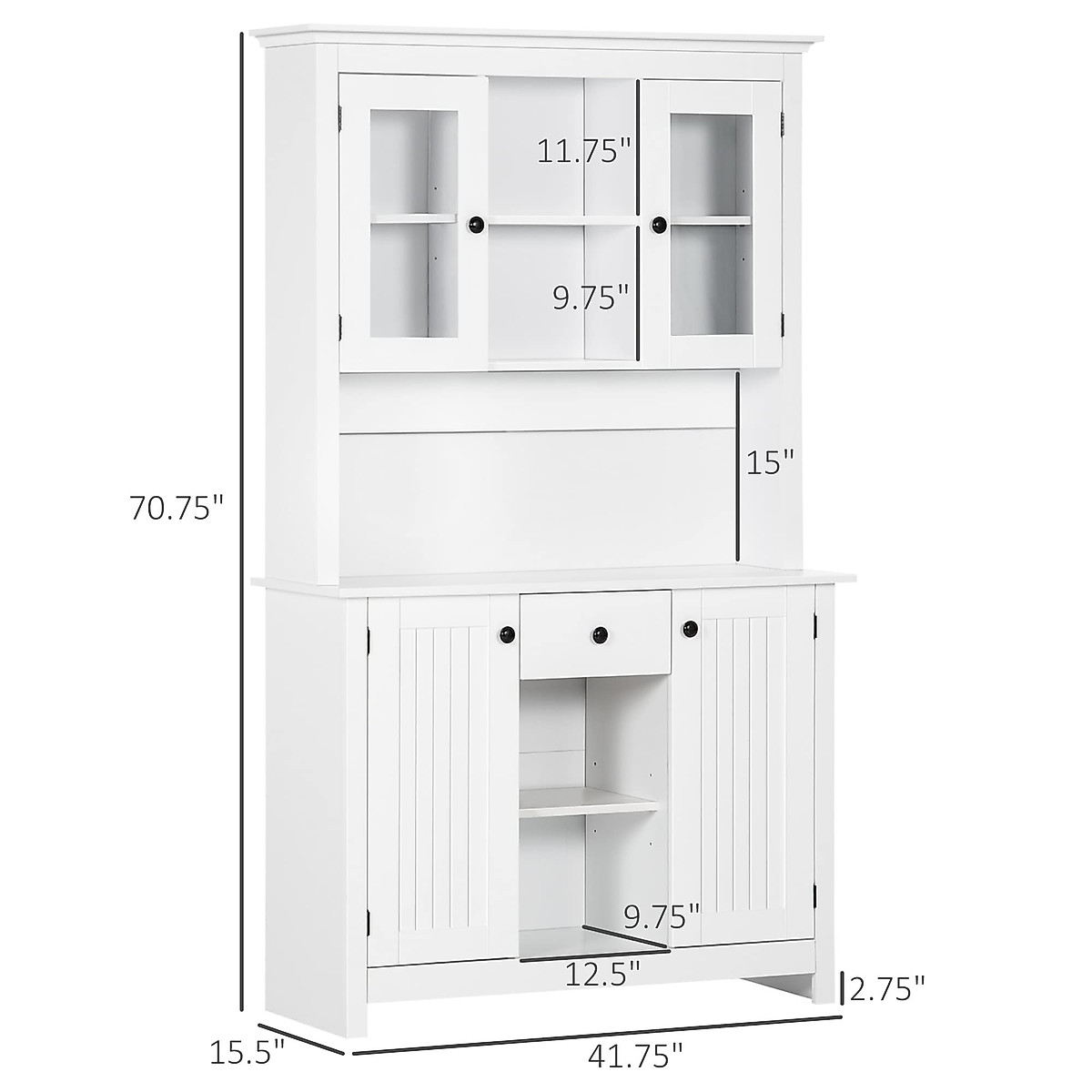 HOMCOM Freestanding Rustic Buffet with Hutch, 4 Door Farmhouse Kitchen Pantry Cabinet, Microwave Stand with Beadboard Panel, Drawer and Adjustable Shelves, White