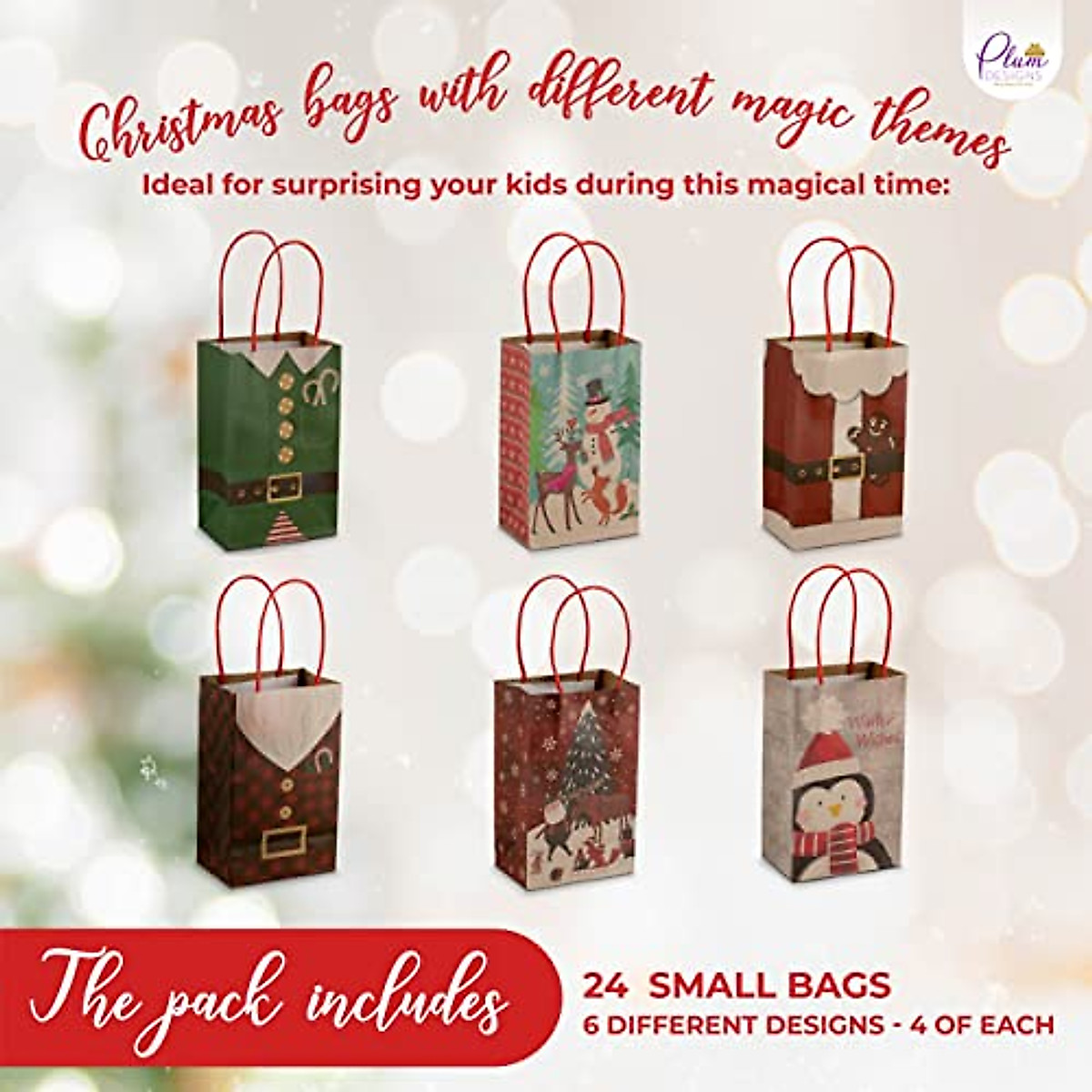 Plum Designs Small Christmas Gift Bags Bulk-24pcs Small Christmas Goodie Bags For kids,6 Styles Cute Christmas Paper Gift Bags Set- Party Favors Holiday Gift Bags Small Xmas Gift Bags 4”x6.5”x2.75