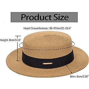 Women Beach Straw Sun Hat - Summer Classic Boater Sun Hat Panama Short Brim Fedora for Party Travel(S/M) Khaki