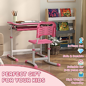 Qaba Kids Desk and Chairs Set, Height Adjustable Children School Study Desk with Tilt Desktop, Storage Drawer, Pen Slot, Hook, Ergonomic Table and Chair Set for Kids, Pink