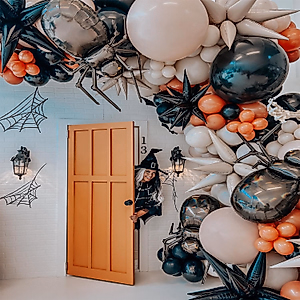 Halloween Balloon Garland Arch Kit with Spider Witch Hat Shaped Black and Milk White Exploding Star Foil Balloon Black Orange Sand White Balloons for Halloween Birthday Party Decorations