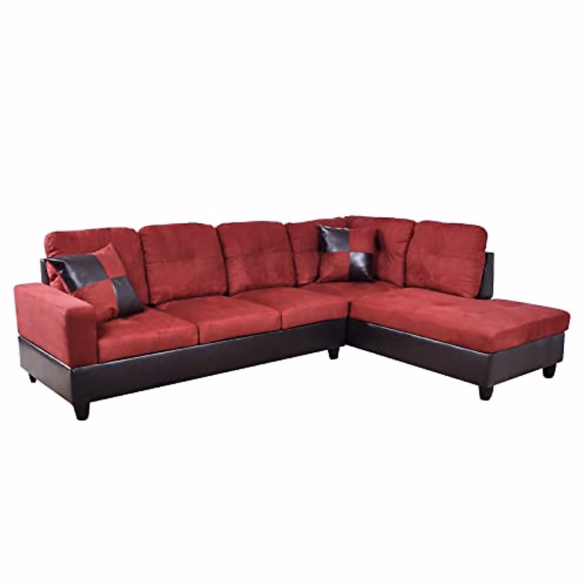 HOMVET Red Flannel and PVC Sectional Sofa Furniture Set, L-Shape Couch with Right Chaise, Storage Ottoman, and 2 Toss Pillows,for Living Room/Apartment/Office