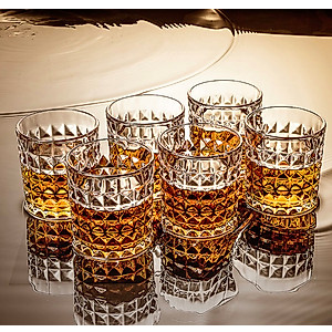 Czech Bohemian Crystal Glass Set of 6 Whiskey Glasses 8oz./250ml. Elegant Diamond Design Heavy Base Old Fashioned Style Bourbon Scotch Brandy Holiday Gift Birthday Wedding Housewarming Anniversary